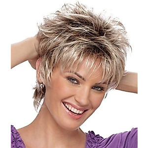 Short Fluffy Wigs Heat Resistant Synthetic Fiber Hair Extension Replacement Wig Pixie Cut Human Hair Mixed Hair Wig (Gray Gold,One Size)