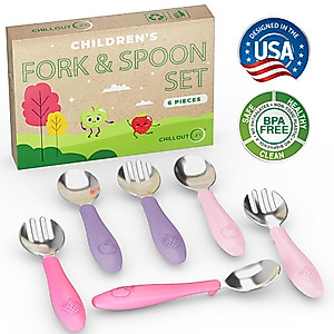 CHILLOUT LIFE Toddler Utensils, Kids Silverware with Silicone Handle, Stainless Steel Metal Toddler Forks and Spoons Safe Baby Cutlery Set for Self Feeding BPA Free Dishwasher Safe