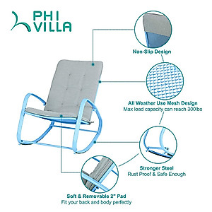 PHI VILLA Outdoor Patio Metal Rocking Chair, Padded Modern Rocker Chairs with Cushion, Support 301lbs for Porch, Deck, Balcony or Indoor Use (1PCS, Blue)