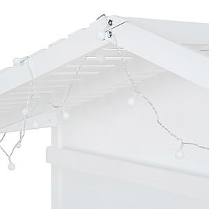 BestLM Twin Size House Bed with Semi-Enclosed Fence & Shelves, Wood House Bed Frame with Window & Sparkling Light Strip on The Roof for Kids Teens Girls Boys, No Box Spring Required, White