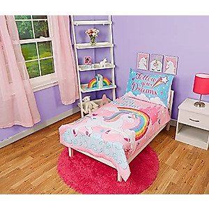 Baby Boom Funhouse Unicorn Love 4 Piece Toddler Bedding Set – Includes Comforter, Sheet Set – Fitted + Top Sheet + Reversible Pillowcase for Girls Bed, Pink