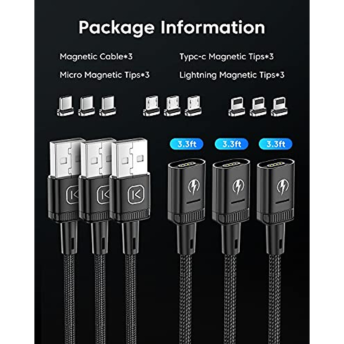 Kuulaa 3Pack Magnetic Charging Cable USB C,3A Fast Charging/Data Transmission with 3 in 1 Charging Tips Nylon-Braided Phone Cable Compatible for iProduct/Type C/Micro Device(3.3ft/3.3ft/3.3ft)