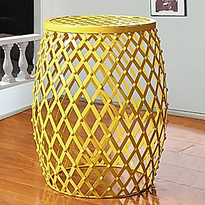 Adeco Hatched Diamond Pattern, for Indoor Outdoor Home Garden Accent Round Iron Metal Stool Side End Table Plant Stand Chair, Yellow