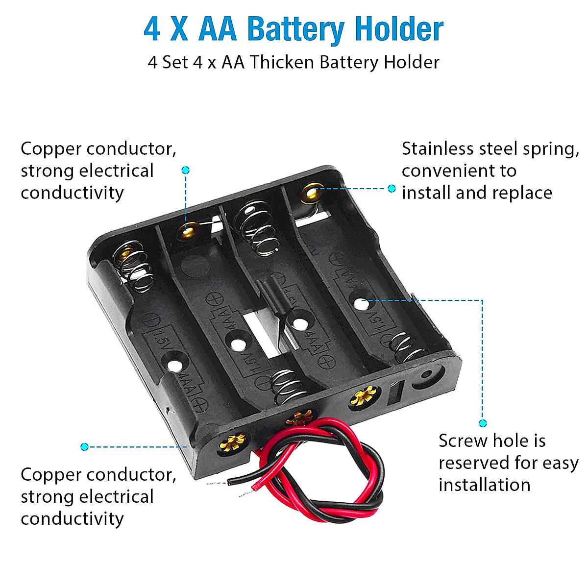 QTEATAK 4 Pack 4 x AA Thicken Battery Holder with I Type Wired Battery Clip Standard Snap Connector