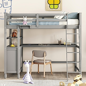 MERITLINE Twin Size Loft Bed with Desk and Dresser, Wooden Loft Bed with Storage Drawers and Shelves for Kids Teens Boys Girls,No Box Spring Needed,Grey