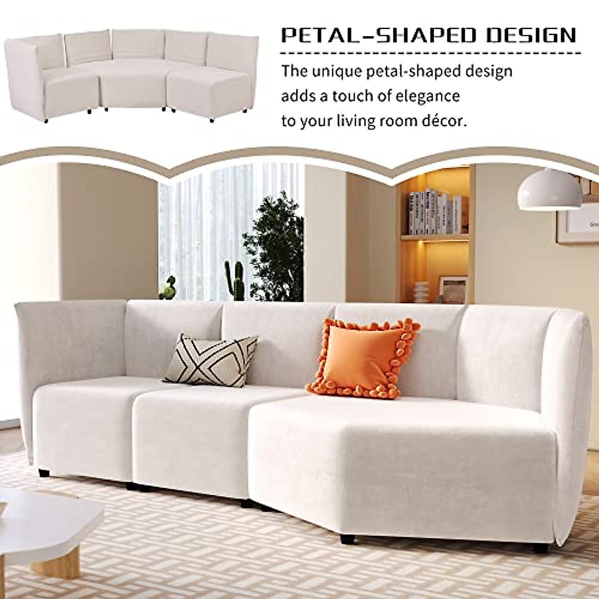 FULife Convertible Free Combination Curved Sofa Upholstered Deap Modular Sectional Couch with Adjustable Backrest,Modern DIY Luxury 4-Seat Leisure Corner Sofá for Living Room, Beige Polyester 106.3"w