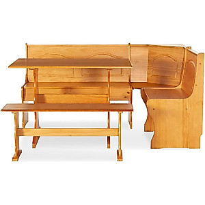 Riverbay Furniture Patio Conversation Indoor 3 Piece Breakfast Corner Set Table Booth Bench Dining Nook Set in Natural