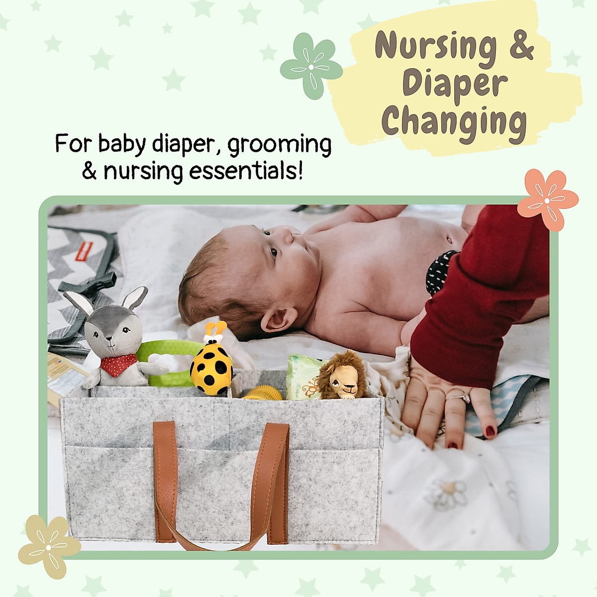 SanYeth Minimalist Grey Felt Diaper Caddy - Organizer Basket for Car, Nursery & Travel - 3 Compartment, Portable, Neutral Gift for Baby Boy or Girl