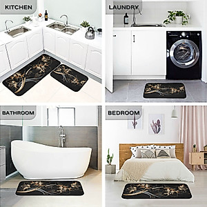 Kigai Kitchen Rugs 2 Piece Waterproof Non Slip Kitchen Mat Black Flower Kitchen Rug Set for Sink Office Kitchen Cafe, 19.7"x47.2"+19.7"x27.6"