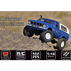 Apawband RC Crawler WPL C24 RC Rock Crawler RC Truck 4x4 Off Road RTR, 1/16 Scale Remote Control Truck All Terrain 2.4 Ghz with Proportional Steering LED Lights Hobby Toys Adult