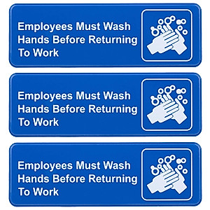 Excello Global Products Employees Must Wash Hands Before Returning to Work Sign: Easy to Mount Plastic Safety Informative Sign with Symbols Great for Business, 9"x3", Pack of 3 (Blue)