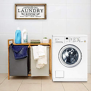 COMELLOW Bamboo Laundry Hamper and Shelf, 2 Sections Laundry Basket with Removable Liner, Dual Compartments Laundry Organizer and Storage, Wooden Laundry Sorter with Sliding Handles