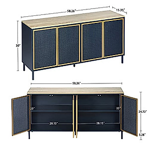 ORRD Accent Cabinet, Sideboard Buffet Cabinet Kitchen Storage Cabinet Console Televison Table with 4 Iron Rattan No Handle Pop-up Doors and Adjustable Shelves for Living Room, Dining Room (Blue Gold)