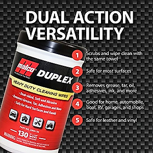 Malco Duplex Heavy Duty Cleaning Wipes for Home and Auto - Dual Sided Textured, Wet Wipes/Removes Grease, Tar, Paint, Oil, Dirt/No Residue/Safe for Hands/Made in USA (130 Wipes)