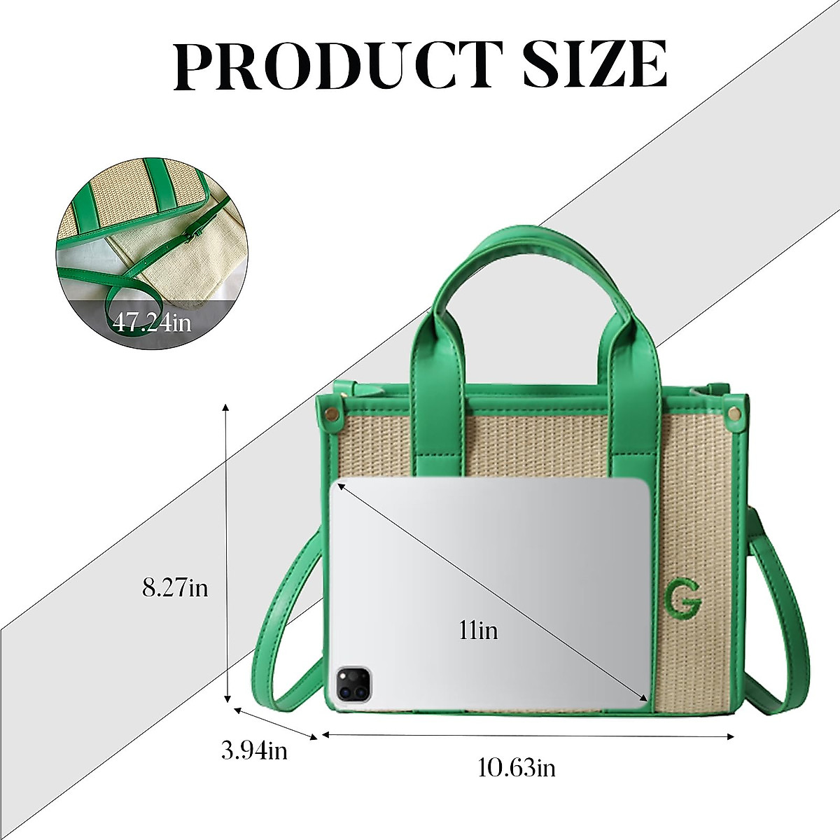 JQAliMOVV The Tote Bag for Women, Straw Tote Bag with Zipper Woven Beach Bag Top Handle Straw Handbag Purses for Travel (Dark Green)