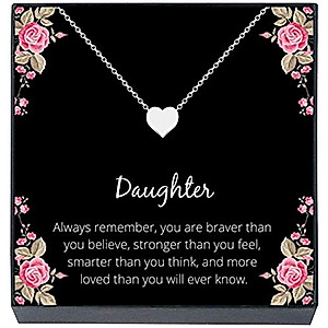 Daughter Heart Necklace Jewelry Gift from Mom, Dad, "Braver, Stronger, Smarter, Loved" Quote for Women Teens, Jewelry for Daughter Birthday, Sweet 16, Christmas, Stocking Stuffers Gifts from Mother/Father (Silver)