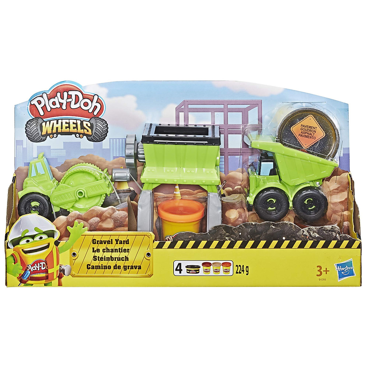 Play-Doh Wheels Gravel Yard Construction Toy with Non-Toxic Pavement Buildin' Compound Plus 3 Additional Colors