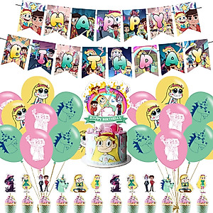 32Pcs Star vs. the Forces of Evil Birthday Party Decorations,Party Supply Set for Kids with 1 Happy Birthday Banner Garland , 13 Cupcake Toppers,18 Balloons for Party Supplies