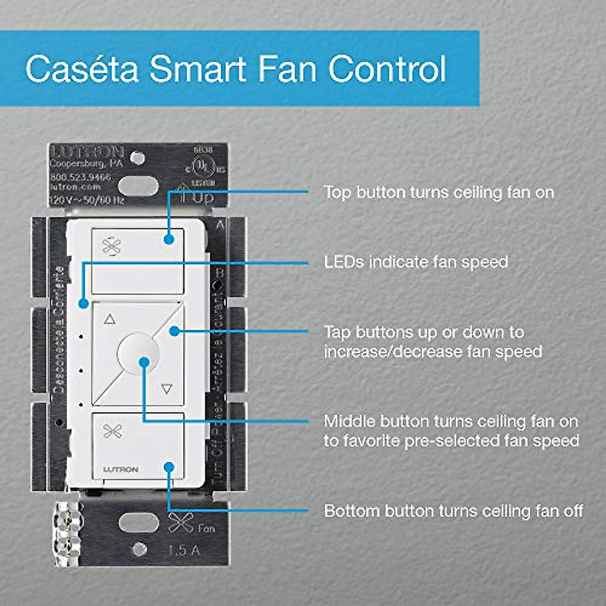 Lutron Caséta Wireless Smart Fan Speed Control Switch, Single-Pole, PD-FSQN-WH, White