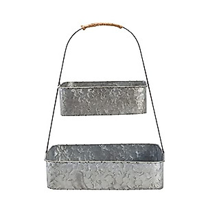 Square 2 Tiered Tray Stand with Handle for Farmhouse Decor, Dessert, Fruit, Galvanized Gray (12 x 17 in)