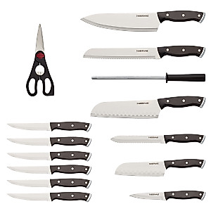 Farberware Triple Riveted Knife Block Set, High Carbon-Stainless Steel Blades Ergonomic Handles, Includes Natural Pinewood, 15 piece, Black Pine