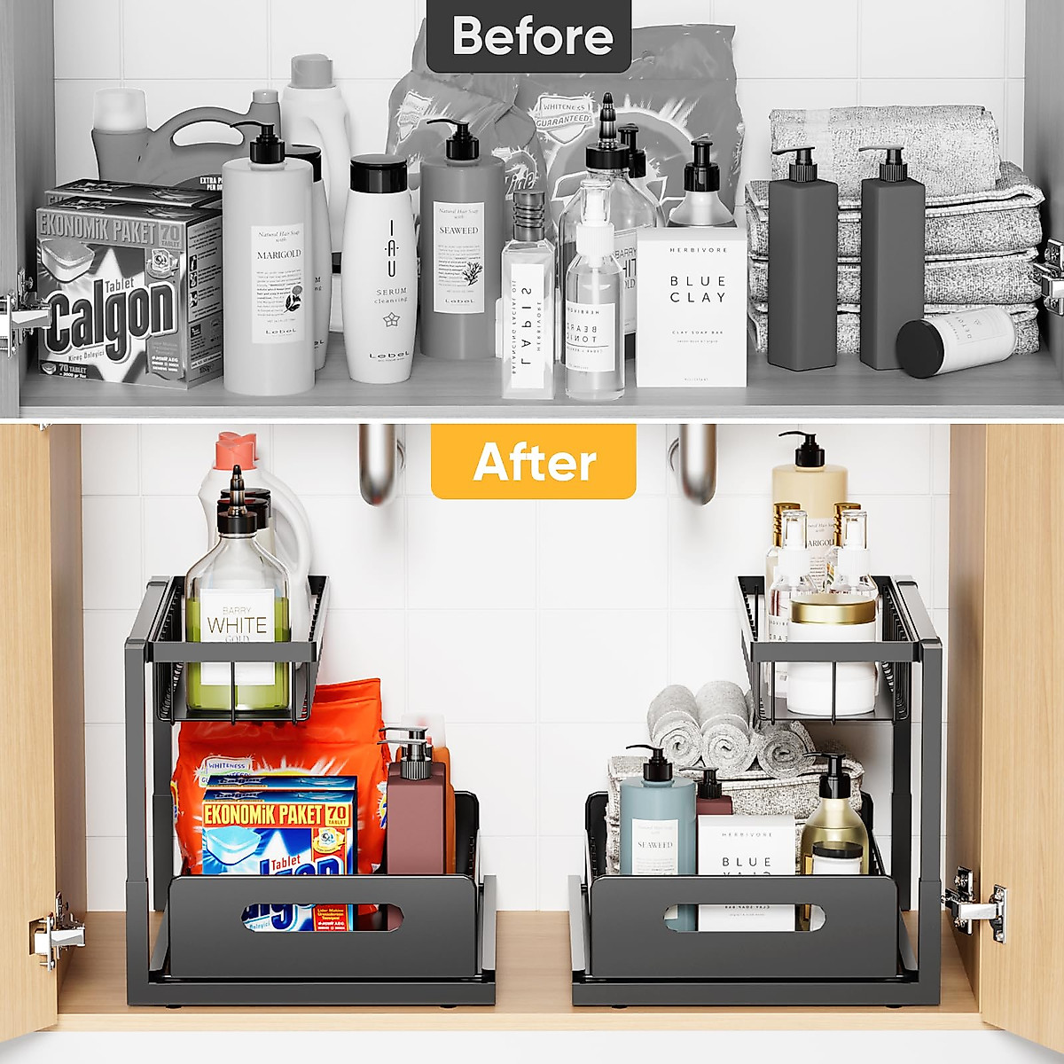 2 Pack Under Sink Organizer, 2 Tier Pull Out Cabinet Organizer Slide Out Sink Shelf Cabinet Storage Shelves, Under Sink Organizer and Storage for Kitchen Bathroom (2 Pack)