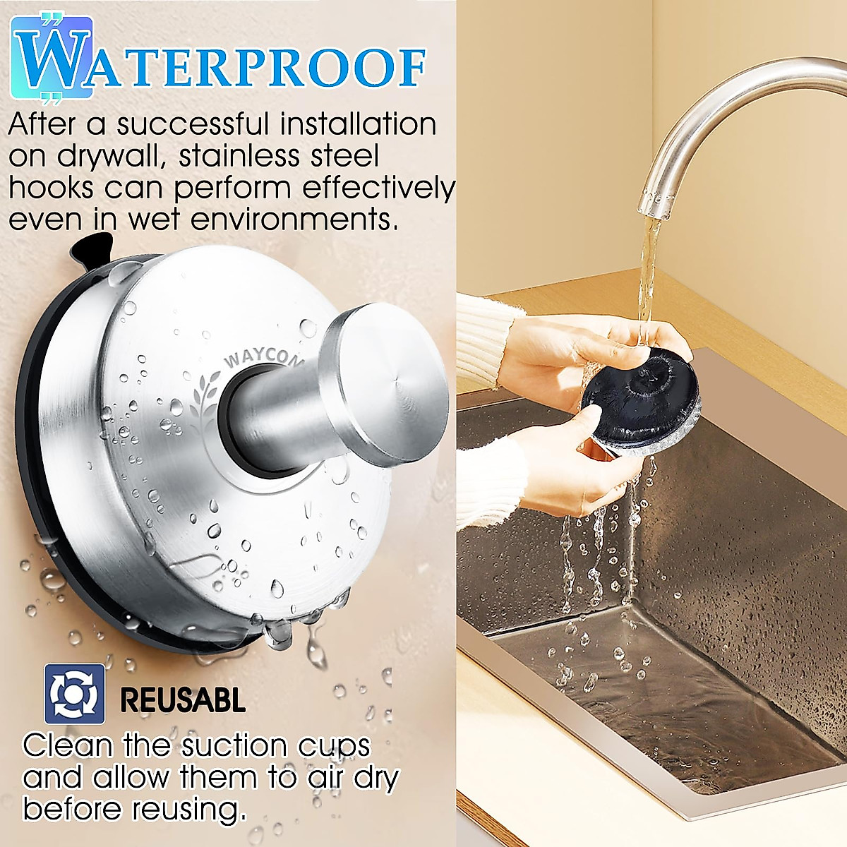 WAYCOM Suction Cup Hooks for Shower, 2Pcs Towel Hooks for Bathroom Wall SUS304 Vacuum Stainless Steel Shower Hooks Bathroom, Kitchen, Glass Door, Tile – Loofah, Towel, Coat, Bath Robe Hook Holder