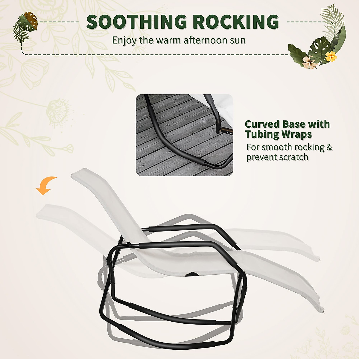 Outsunny Outdoor Folding Rocking Chair, Foldable Chaise Lounge Pool Chair with Armrests for Sun Tanning, Sunbathing, Rocker for Patio, Lawn, Beach, White