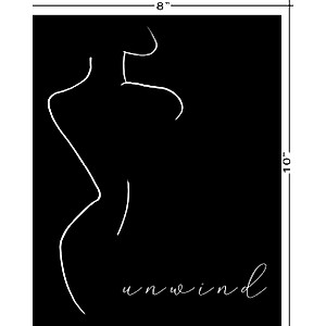Abstract Minimalist "Relax, Unwind" Black Wall Decor - Set of 2-8"x10" UNFRAMED Prints - Modern, Minimal, Black And White Line Art - Female Figure Silhouette - Bathroom Wall Decor