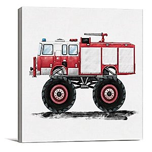 Lameila Fire Engine Monster Truck Artwork Sign Wall Art Prints Watercolor Monster Truck Fire Truck Canvas Painting Vehicles Nursery Print Home Boys Bedroom Playroom Decor 8" x 8"