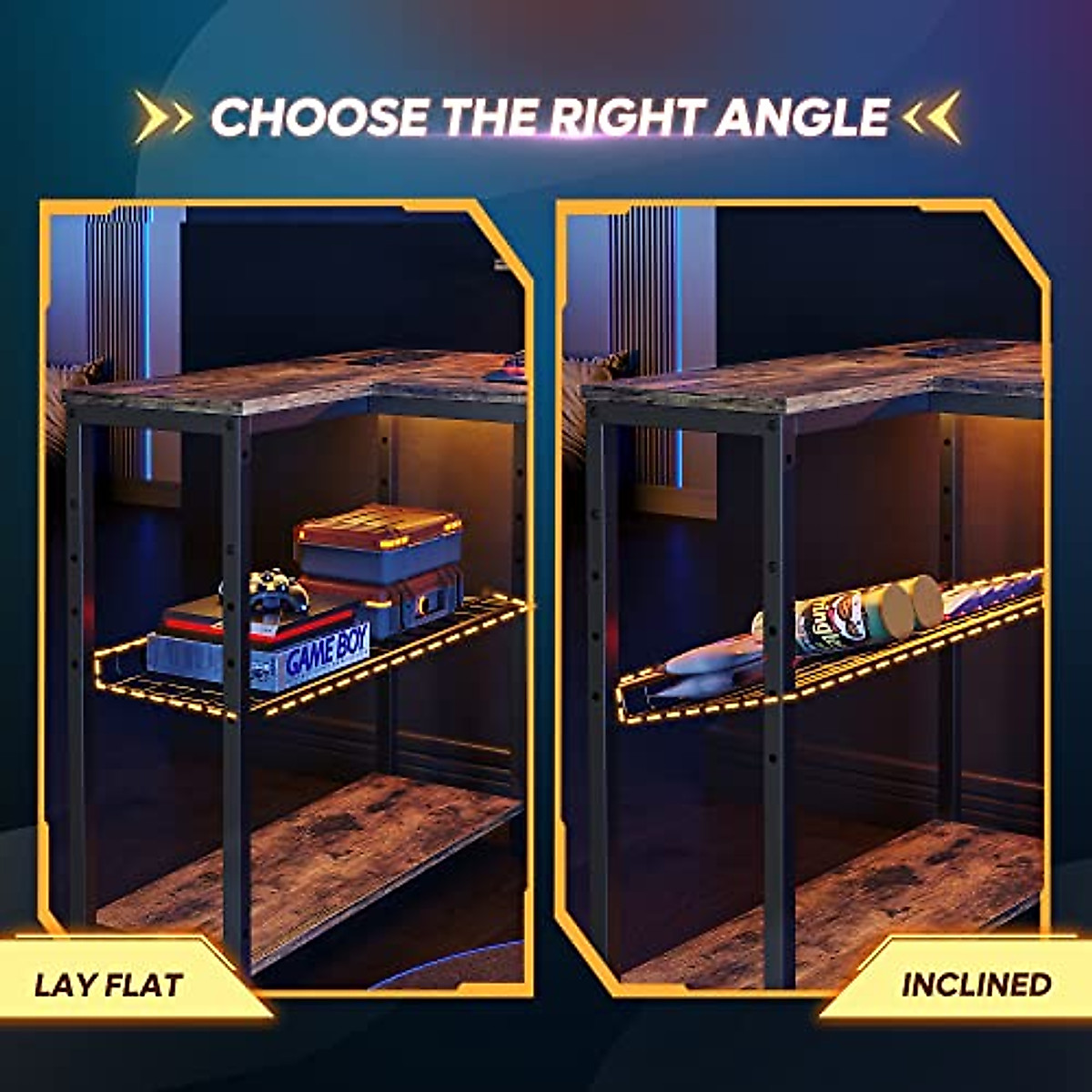 Bestier Small L Shaped Desk with Charging Port & LED Strip,Modern Computer Desk with Reversible Storage Shelves,Corner Desk with Hooks for Bedroom Office Studio Workstation,Rustic Brown