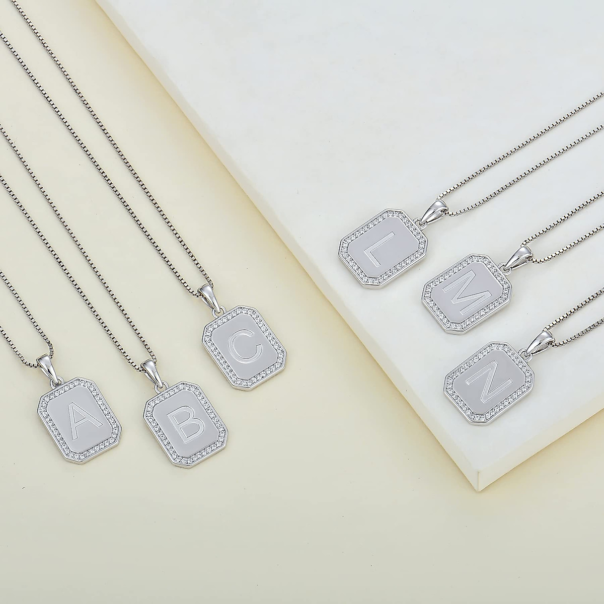 YL Initial Necklace for Women 925 Sterling Silver Rectangle Pendant Halo Polished R Letter Jewelry