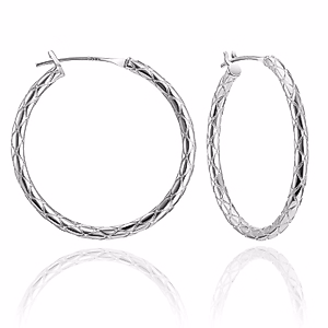 SWEETV 925 Sterling Silver Hoop Earrings for Women Sliver Huggie Earrings Hypoallergenic Textured Huggie Hoop Earring for Sensitive Ears 24MM