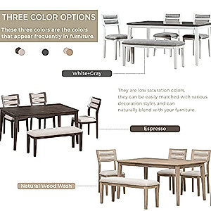 Goozio 6 Piece Dining Table Set,Wood Dining Table and 4 Upholstered Chairs and Bench with Cushion, Classic Traditional Style Kitchen Table Set for 6 Person,White+Gray