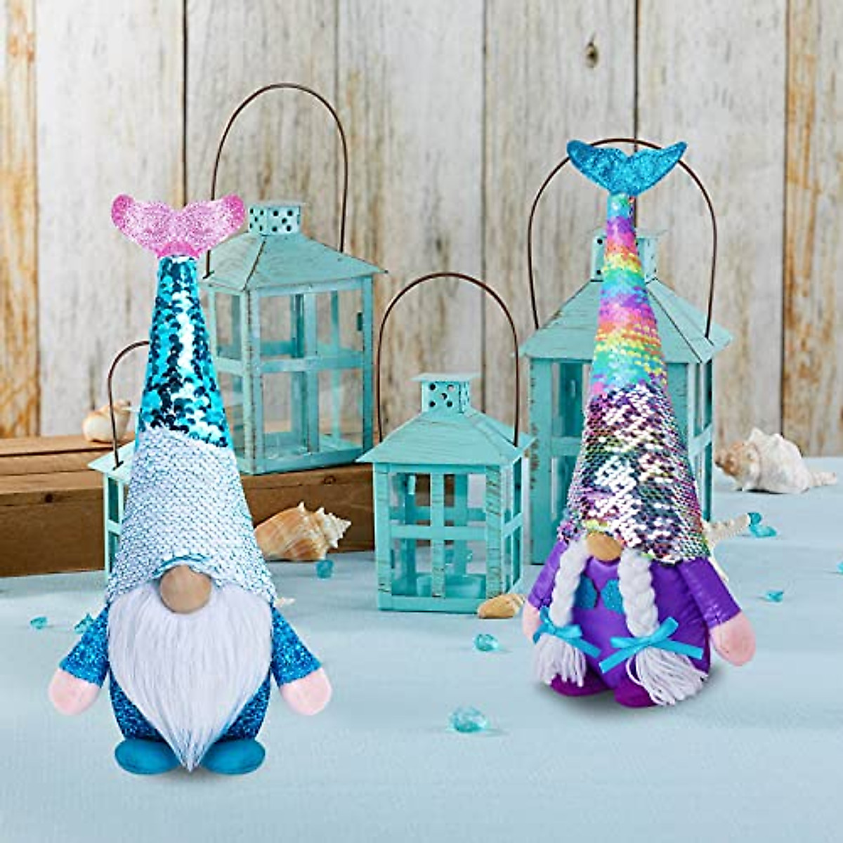 ALLYORS Sequin Summer Gnome Couple Mermaid Gnomes Beach Gnome Summer Tomte Plush Birthday Gifts Gnomes Scandinavian Decoration Shelf and Tiered Tray Decoration for Summer