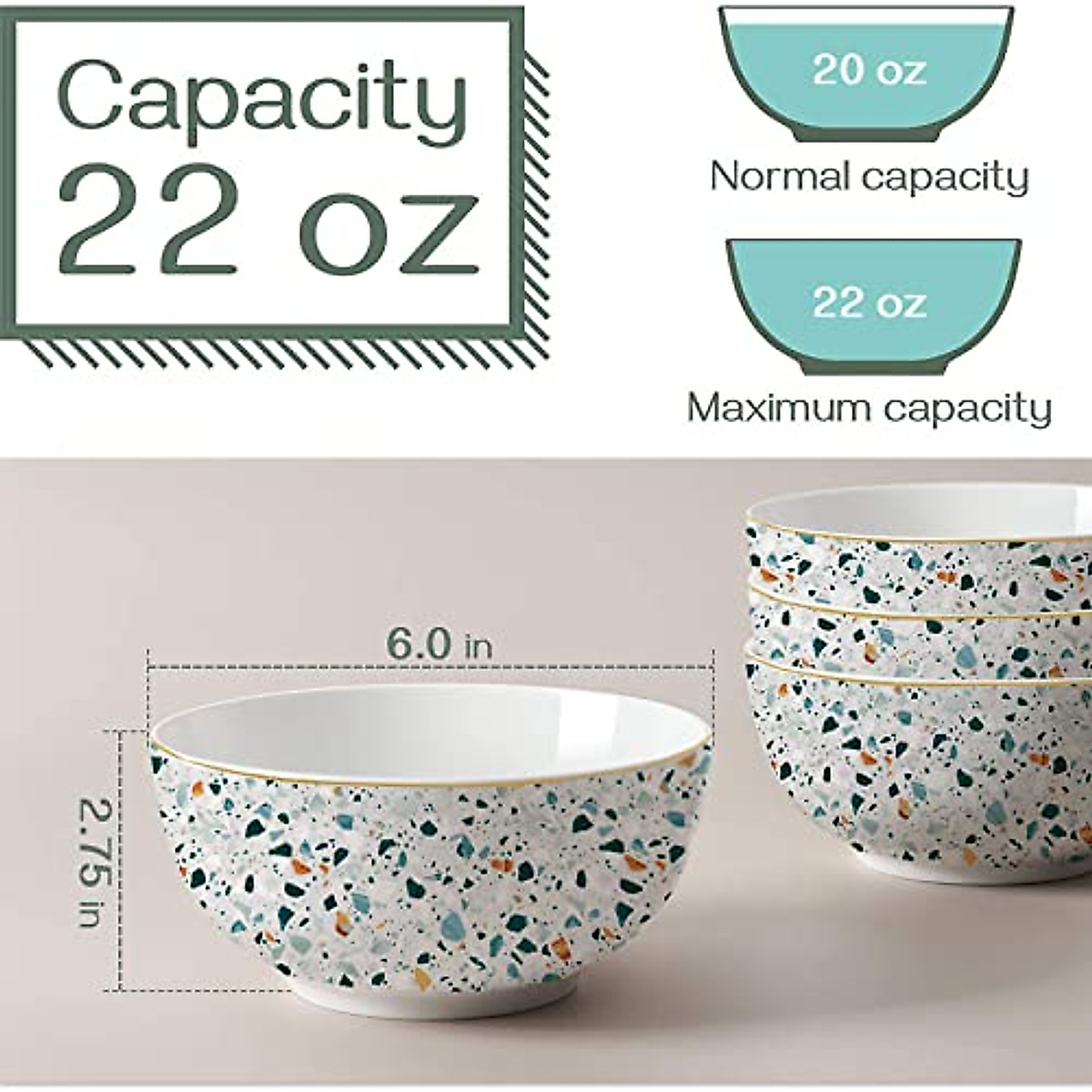 LEAZUL Ceramic Soup Bowls Cereal Bowl, 22 Ounce Bowls Set Chip Resistant Dishwasher & Microwave Safe Porcelain Bowls for Kitchen Terrazzo Marble Bowls for Cereal Soup Rice Pasta Salad Oatmeal Set of 4