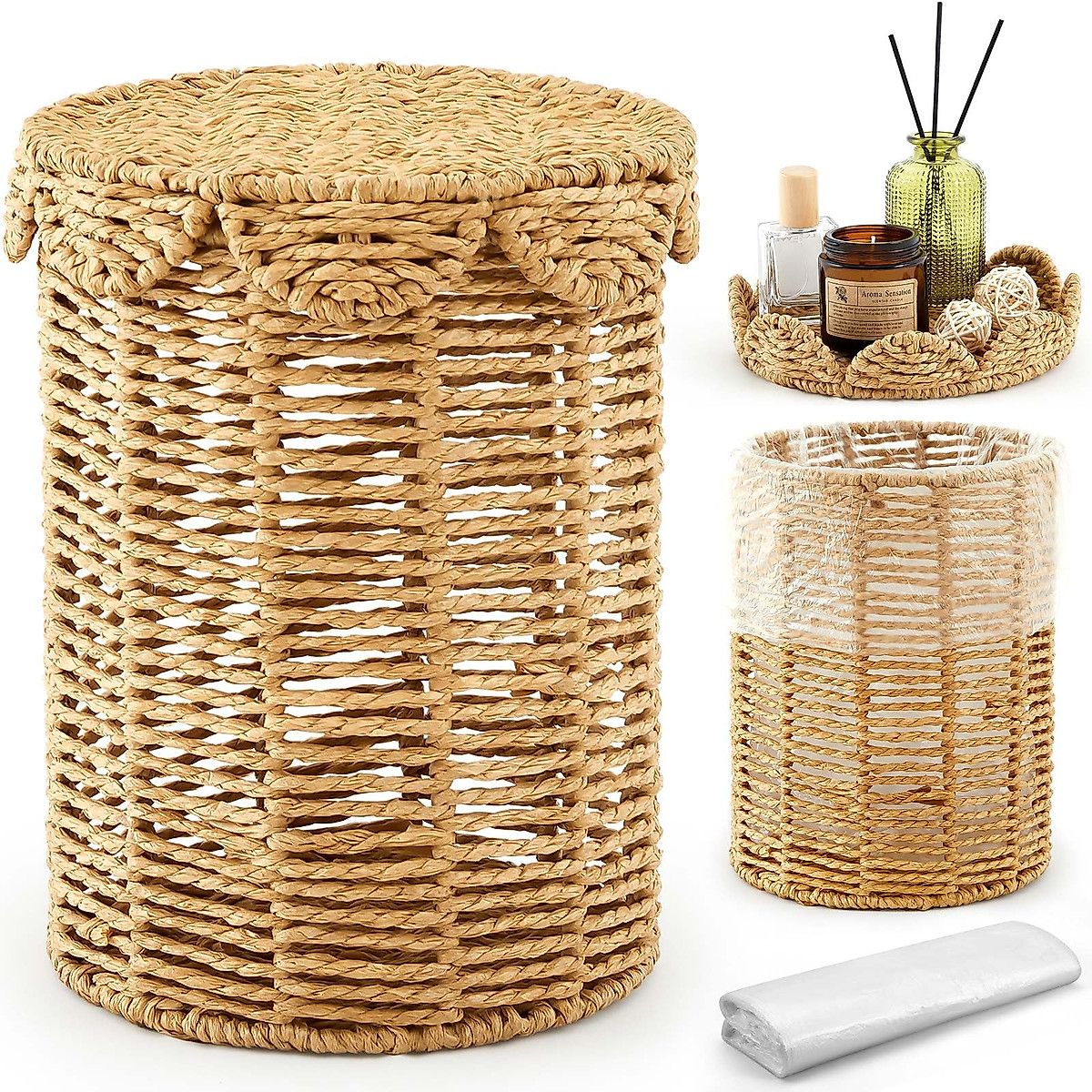 Small Wicker Trash Can 1.3 Gallons Woven Wicker Waste Basket for Bathroom with Lid Handle Boho Wicker Trash Basket with 100 Plastic Garbage Bags for Bedroom Office Laundry Storage(Scalloped Style)