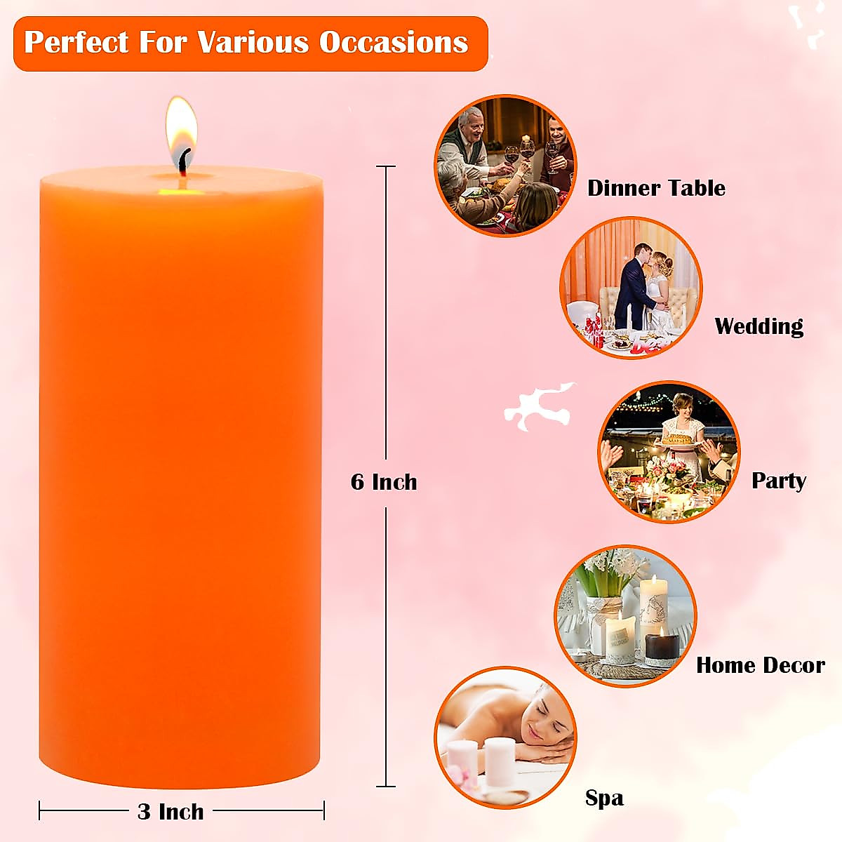 3 Pack 3×6 Inch Orange Pillar Candles, Unscented Fat Candles for Home Restaurants Fall Halloween Harvest Decoration, Smokeless Dripless and Clean Burning