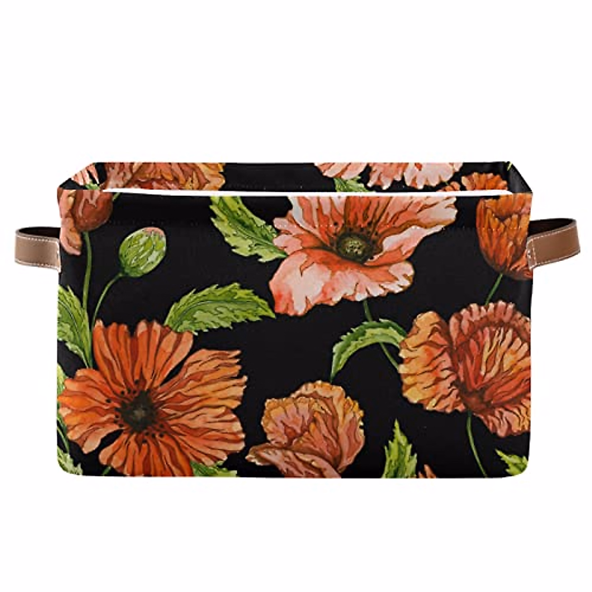 Red Poppy Square Storage Basket Flowers Black Storage Bins Canvas Toys Box Closet Shelf Decorative Organizer Bag with Handles for Bedroom Home Office, 1 Pc