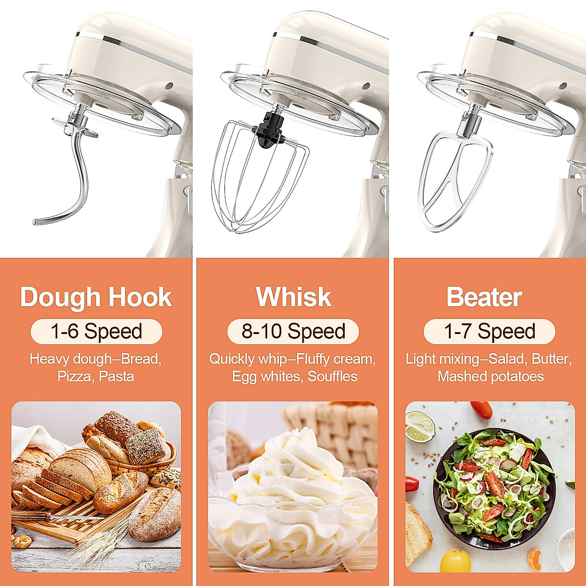 CEBORY 3-IN-1 Electric Stand Mixer, 6QT Bowl 10-Speed Kitchen Mixer, Household Food Mixers include Dough Hook, Beater and Whisk, Bread Cake Mixer for Baking and Most Home Cooks, Almond Cream
