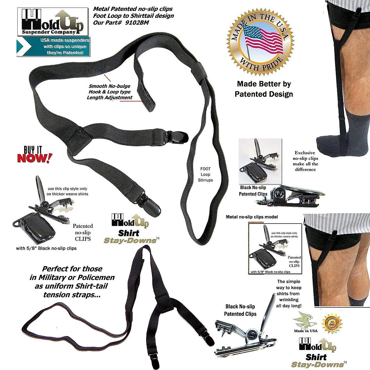 Hold-Ups Stay-downs Dress Shirt Stays Y-Style Metal with USA Patented No-slip Clips