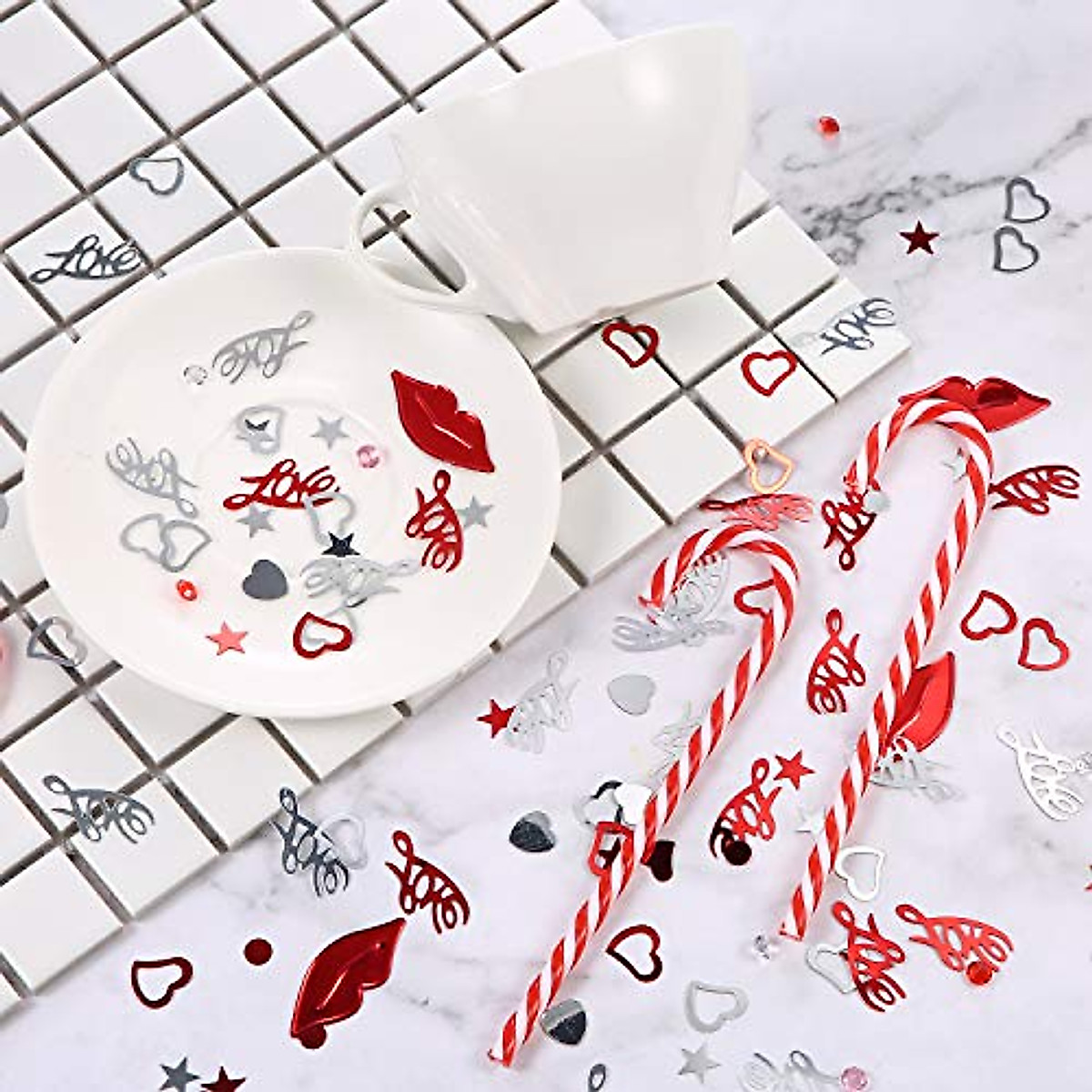 TecUnite 4000 Pieces Valentine Confetti for Valentine's Day Wedding Party Table Decoration with Heart, Love, Lip Print, Acrylic Diamond Shape Design Confetti, 3.5 Ounce