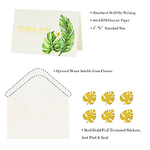 Crisky 4x6 Greenery 4 Assorted Thank You Cards with Envelopes (50 Pack) & Stickers Greeting Cards Bulk, tropical plants for Birthday, Baby Shower,Bridal Shower, Wedding, Graduation