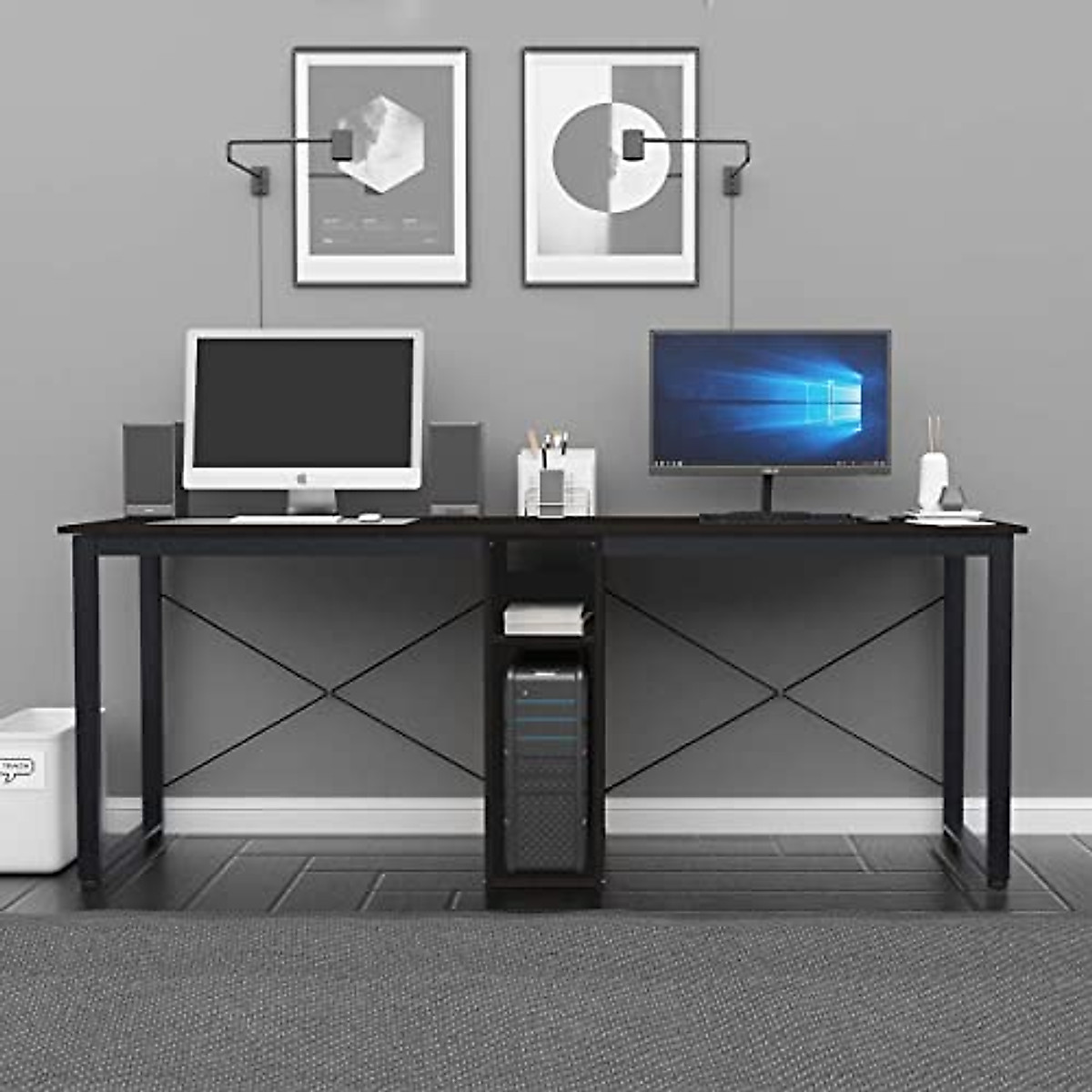 Computer Desk, 78 inches Home Office Desks with Storage Shelves, 2-Tier Student Desk Double Working Desk Simple Desk Rustic Wooden Office Table Work Table for for Home Office Workstation (Black)