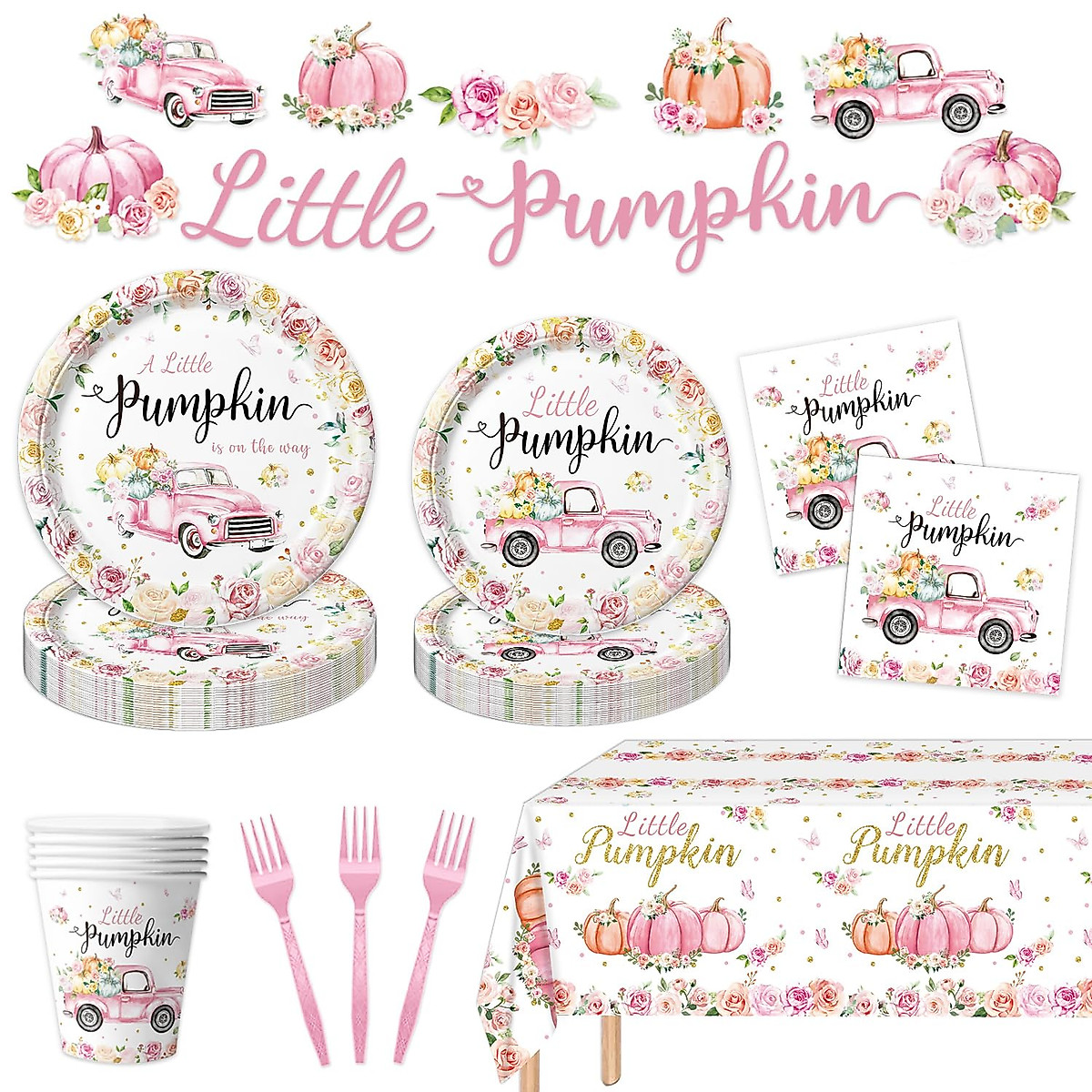 122PCS Little Pumpkin Baby Shower Decorations - A Little Pumpkin is On The Way Baby Shower Include Plates, Napkins, Cups, Forks, Tablecloth, and Banner for Girl Pumpkin Baby Shower, Serves 24