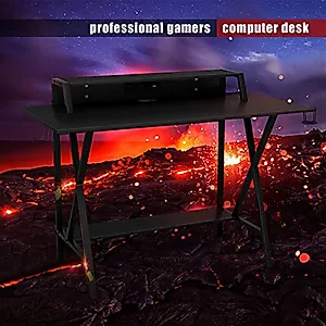 GOFLAME Gaming Computer Desk, Large Computer Gaming Workstation with Cup & Headphone Holder, Study Writing Desk for Home and Office, Black
