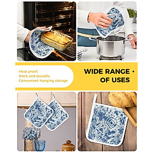 Pot Holders for Kitchen Spiral Tie Dye Pattern Heat Resistant Potholders Blue Color Dyed Batik Ethnic Style Hot Pads Non Slip Kitchen Pot Holders Set of 2 for BBQ Cooking Baking Grilling