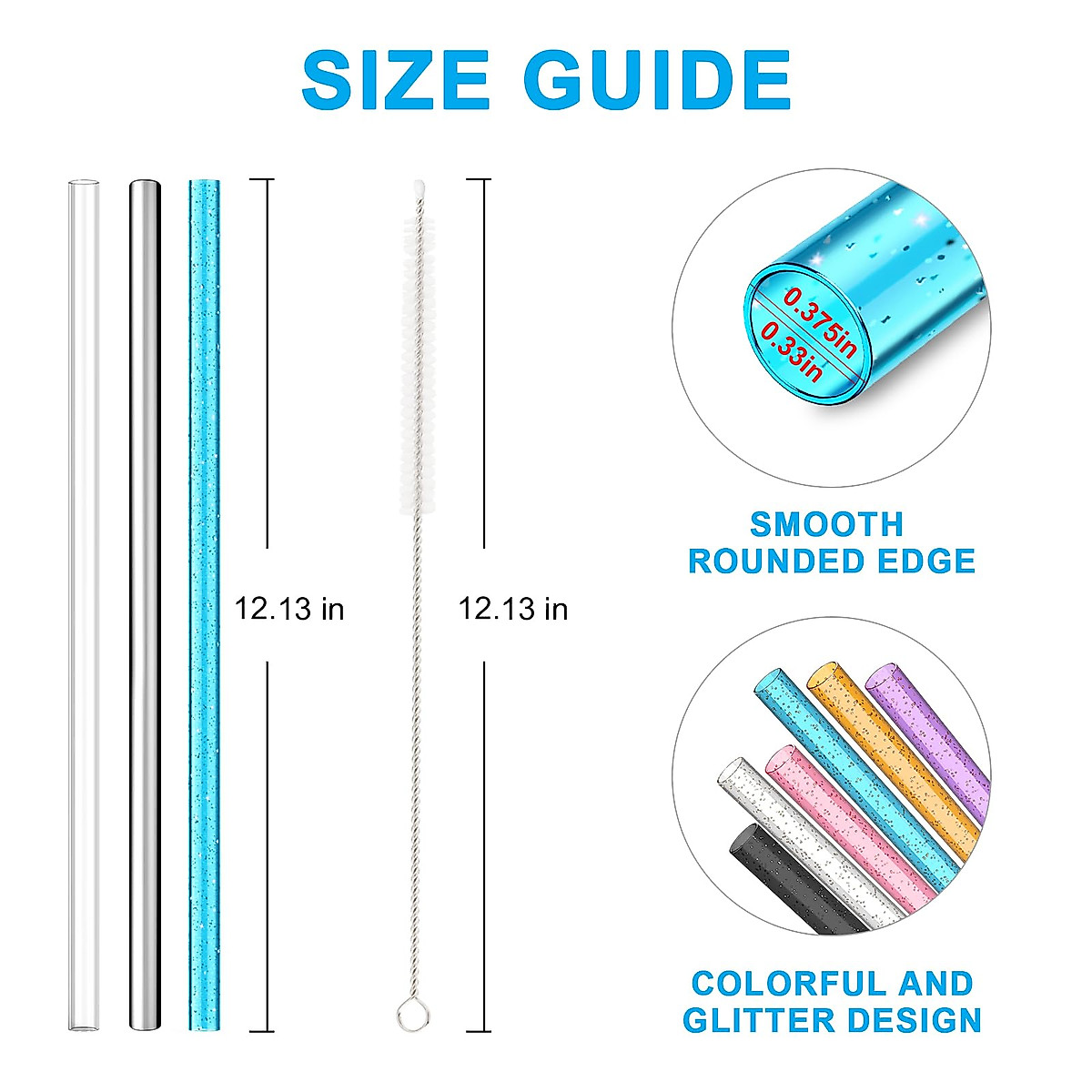 8PCS Color Replacement Straws for Stanley Owala Simple Modern, Alwenid Reusable Glitter Clear Stainless Steel Straws Accessories for Tumbler Mug Cup, BPA Free and Dishwasher Safe(7*Tritan+1*Metal)