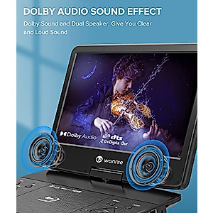 WONNIE 16.9" Portable Blu-Ray DVD Player with 14.1" 1080P Full HD Large Swivel Screen, Dolby Audio Sound, 4 Hrs Rechargeable Battery, Support Last Memory, HDMI Out, AV in, USB/SD Card, Sync TV