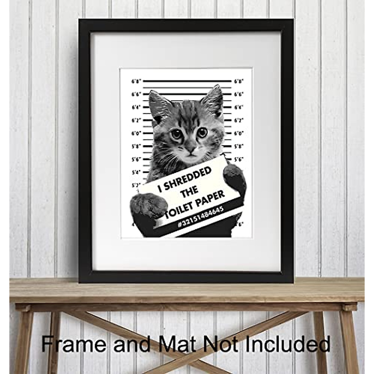 Funny Cat Bathroom Wall Art Decor - 8x10 Humorous Mugshot Home Decoration Poster for Restroom, Guest Bath, Powder Room - Gag Gift for Cat Lovers - Cute Picture Photo Print